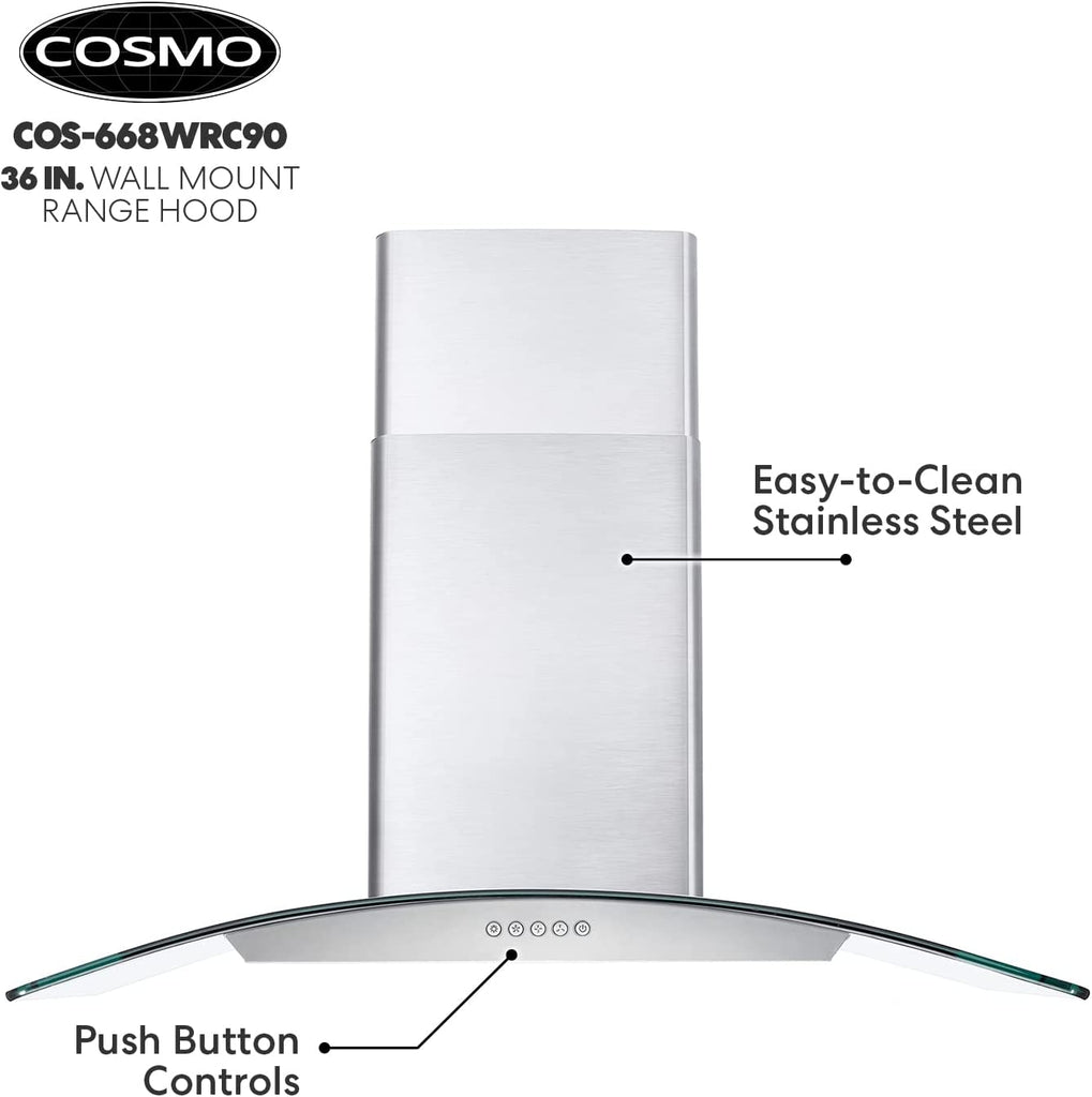 Cosmo - 36 in. Ductless Wall Mount Range Hood in Stainless Steel with ...