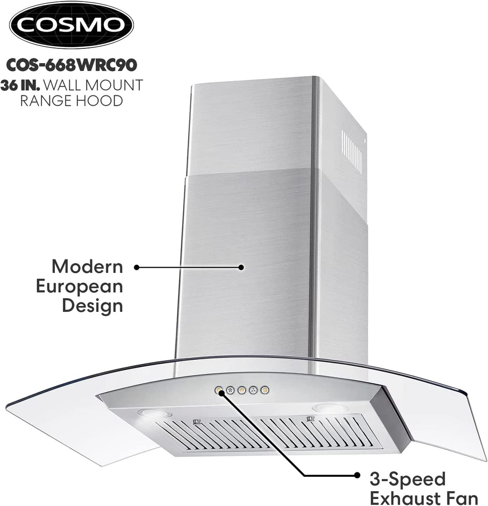 Cosmo - 36 in. Ductless Wall Mount Range Hood in Stainless Steel with ...